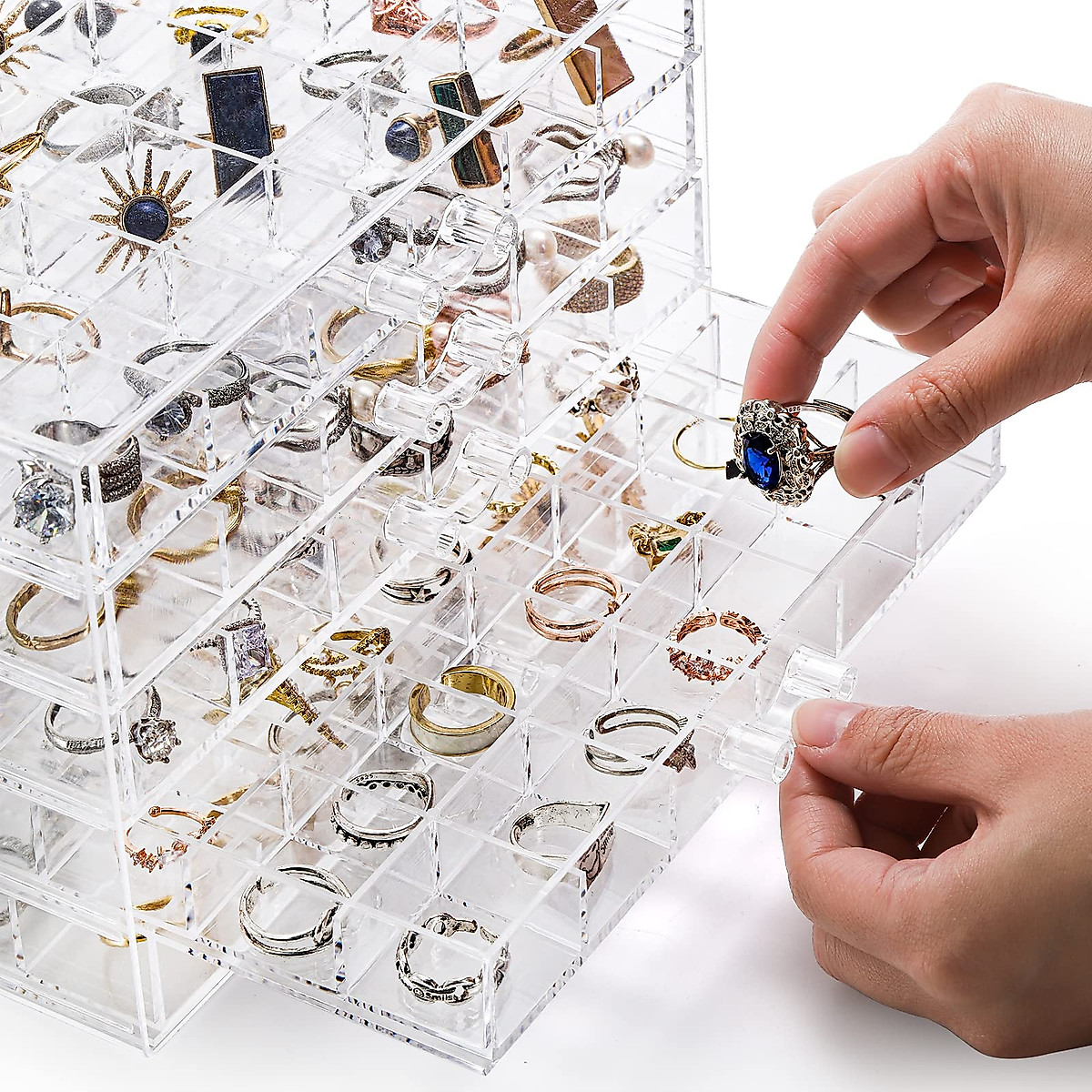 yarlung Acrylic Jewelry Storage Box Earring Holder with 5 Drawers, 120 Grids Jewelry Organizer Tray Clear Ring Display Case for Beads, Nail Tips, Women Girls, Birthday Gift