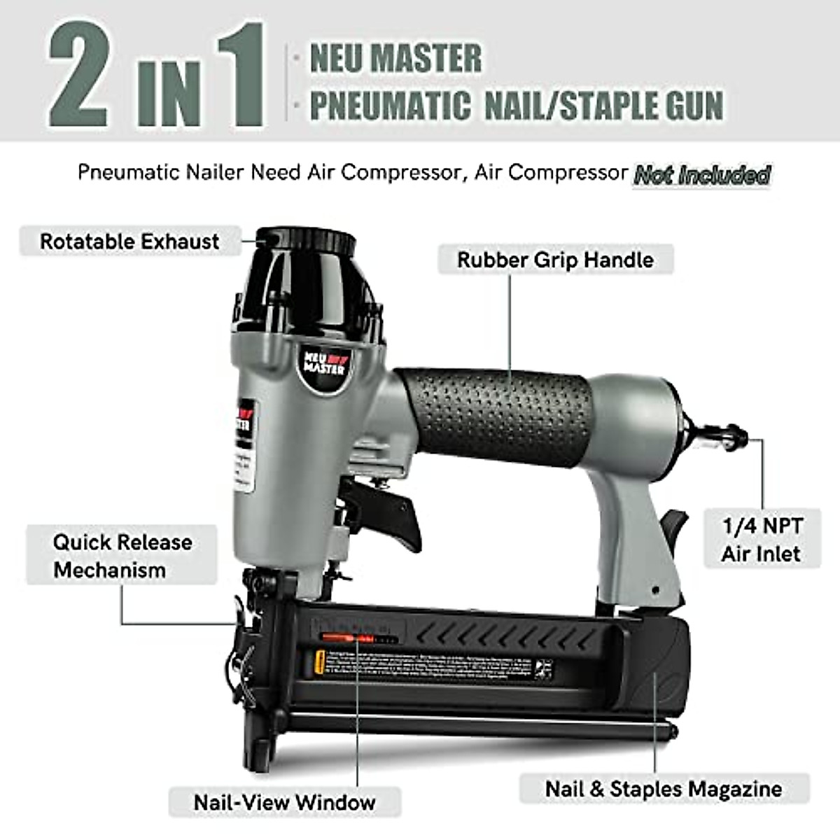 Pneumatic Brad Nailer, NEU MASTER 2 in 1 Nail Gun Staple Gun Fires 18 Gauge 2 Inch Brad Nails and Crown 1-5/8 inch Staples with Carrying Case and Safety Glasses