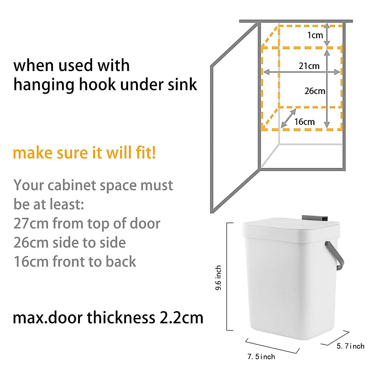 stonespace Hanging Small Trash Can with Lid Under Sink for Kitchen，1.3 Gallon/ 5L Mountable Compost Pail，Kitchen Compost Bin for Countertop, White