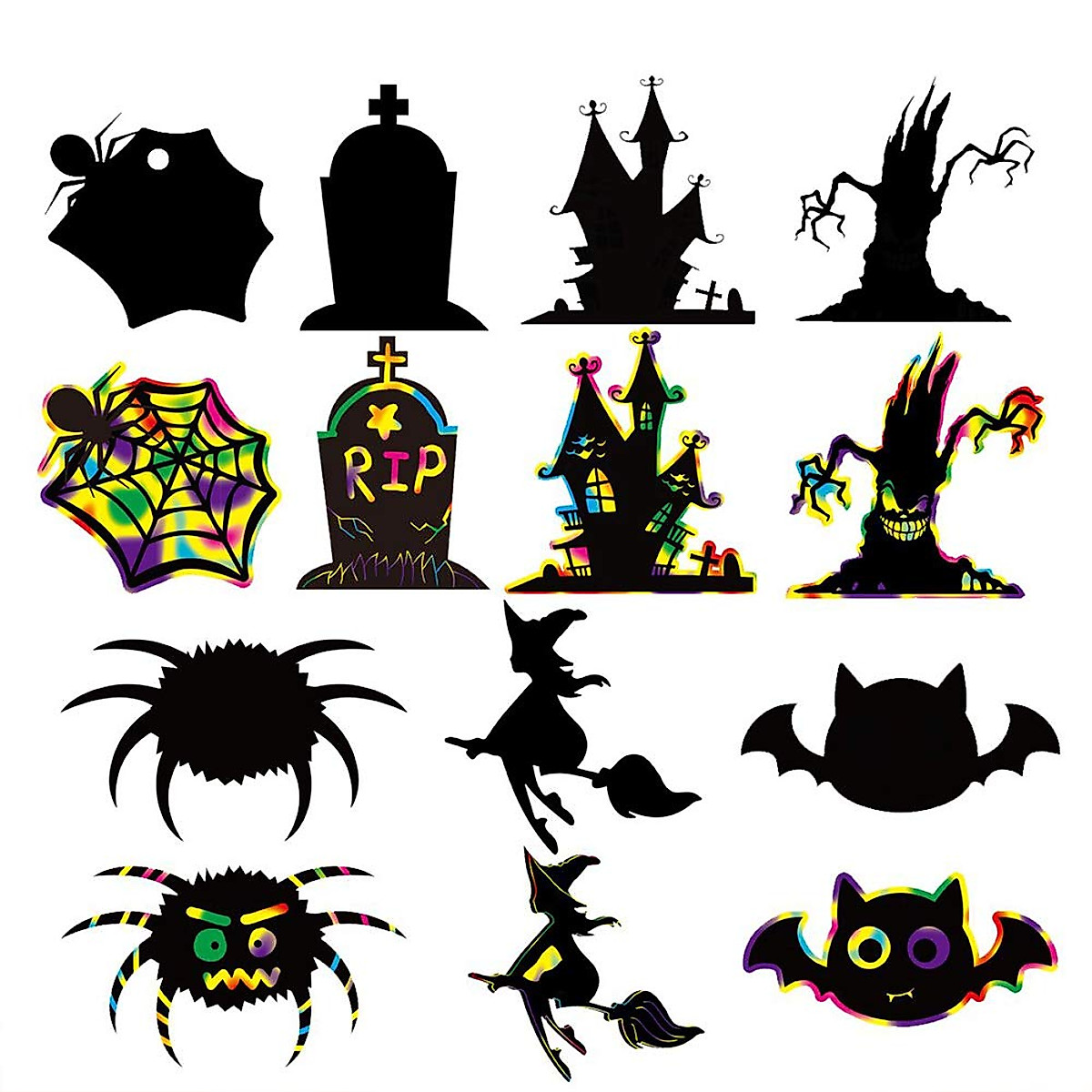 CCINEE 80pcs Halloween Theme Scratch Paper Rainbow Scratch Art Paper Craft Kit with 12pcs Wooden Styluses and 80pcs Ribbons for Halloween Party Supplies