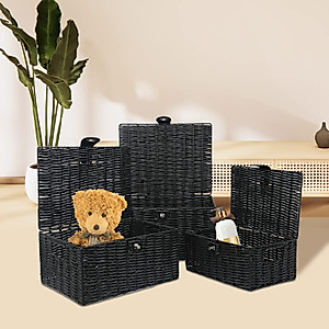 Honygebia Black Wicker Storage Baskets - Set of 3 Decorative Nesting Boxes with Lids, Woven Basket with Lock & Handle, Organizer for Beauty Makeup Bathroom Decor