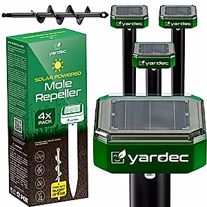 YARDEC Gopher Repellent Ultrasonic Solar Powered - Easy to Use Solar Mole Repellent Ultrasonic with an Auger Drill Bit - IP65 Waterproof Sonic Repeller Stakes for Groundhog, Vole, Snake, etc (4-Pack)