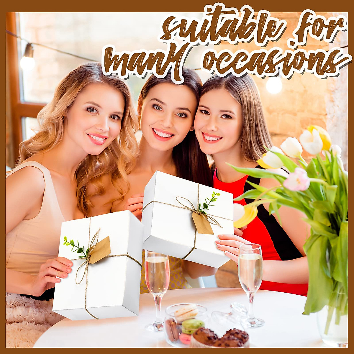 26 Pcs Gift Boxes Set 8 Paper Gift Box Kraft Boxes 8 x 8 x 4 Inch bridesmaid proposal boxes 8 Kraft Paper Gift Tags 8 Plastic Eucalyptus Leaves Stems 1 Cut Paper Shred Filler 1 Twine Rope (White)