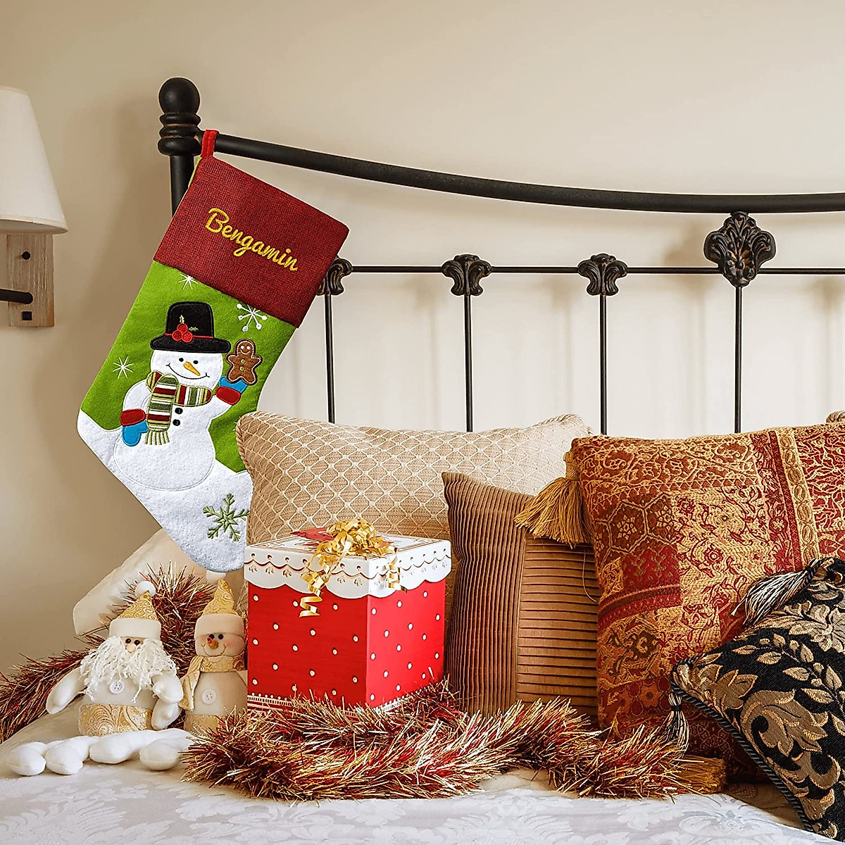 MBETA Personalized Christmas Stockings Embroidered Custom Name Xmas Hanging Stocking for Christmas Tree Fireplace, Holiday Home Decor, Christmas Stockings with Santa, Snowman, Elk, for Home Party Deco