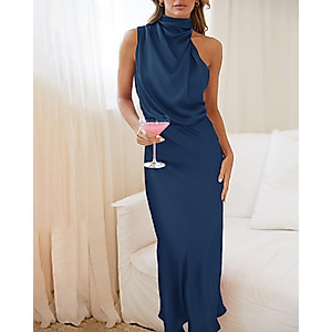 BTFBM Womens Sleeveless Cocktail Dresses Mock Neck Keyhole Elastic High Waist Evening Party Maxi Wedding Guest Dress(Solid Dark Blue, Large)