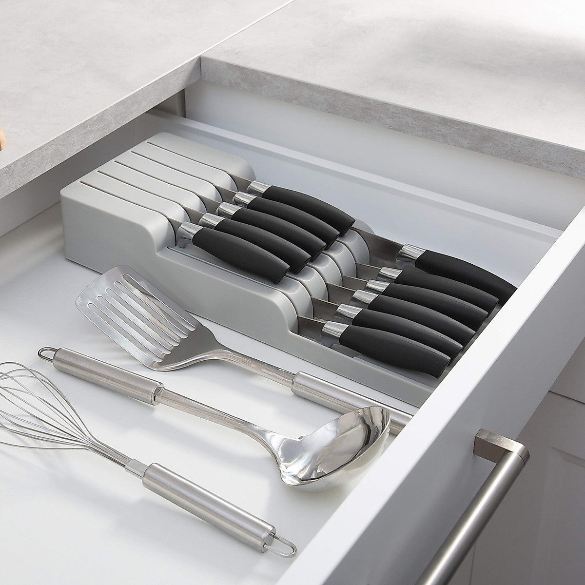 Kitchen Details 2 Tier Knife Drawer Organizer | Holds 11 Knives | Utensil Holder | Knife Block | Storage & Organization | Space Saver | Grey