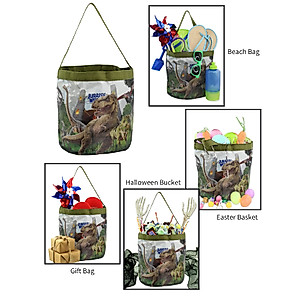 Jurassic World Dinosaurs Collapsible Nylon Basket Bucket Tote Bag (One Size, Green)