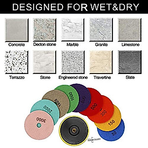 Diamond Polishing Pads Set 4 inch Wet/Dry Diamond Sanding Pads Kit 11 Piece Set Granite Stone Concrete Marble Buffer with M14 Drill Adapter