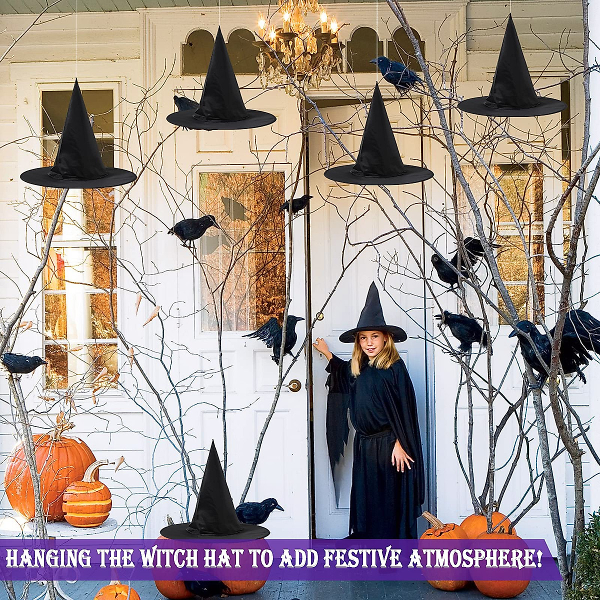 Halatool 10 Pieces Halloween Witch Hats, Floating Black Hanging Witch Hats Outdoor, Halloween Party Favors Witch Hat with 98 Feet Hanging Rope for Halloween Costume Accessories Party Decoration