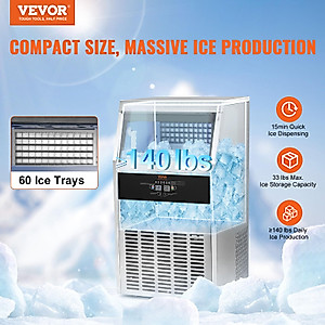 VEVOR Commercial Ice Maker Machine, 140lbs/24H Ice Maker Machine with 33lbs Storage Capacity, 60 Ice Cubes in 12-15 Minutes, LED Digital Display Commercial Ice Maker for Bar Home Office Restaurant
