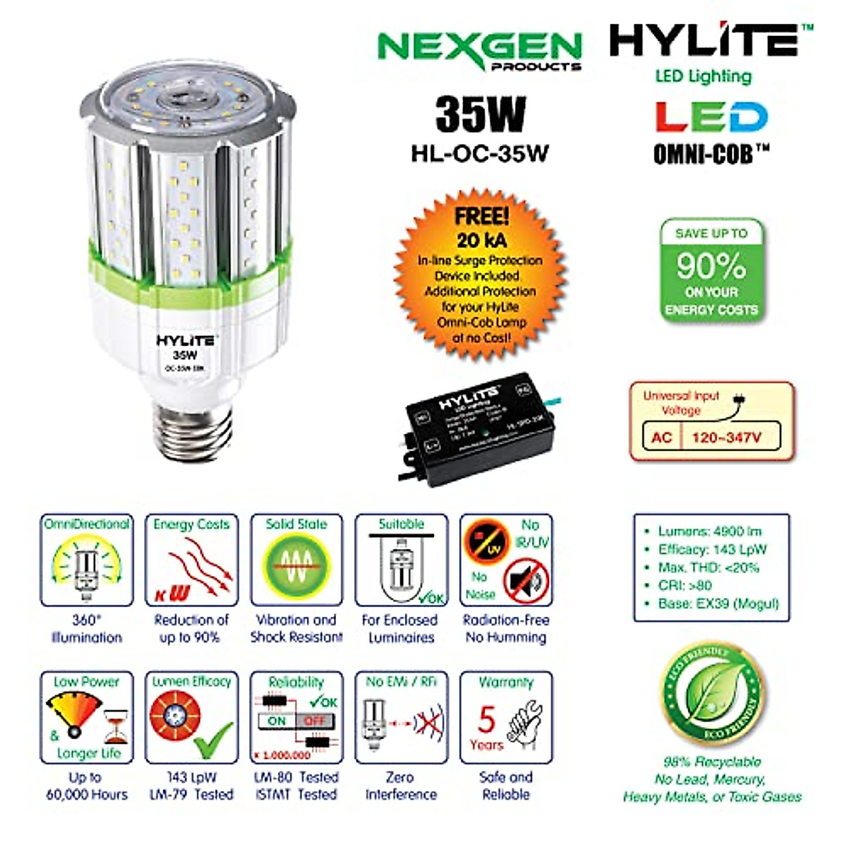 HyLite LED Lighting 35W High Performance LED Omni-Cob Lamp, 360º, (~175W HID), 50K, 4800 lm, 120~347V for Commercial Industrial Lighting Warehouse High Bay Light Fixture Garage Workshop, White