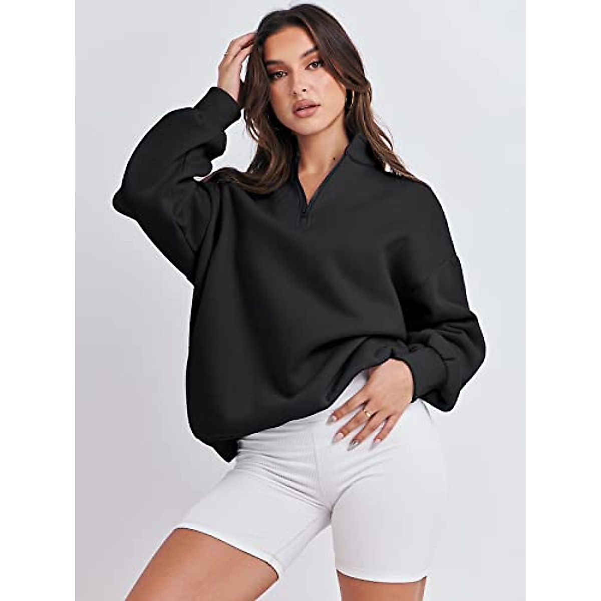 ANRABESS Womens Hoodies Oversized Half Zip Pullover Long Sleeve Sweatshirts Comfy Fleece Quarter Zip Trendy Cropped Outfits Teen Girls Fall Y2K Tops Basic Clothes 1018heise-L Black