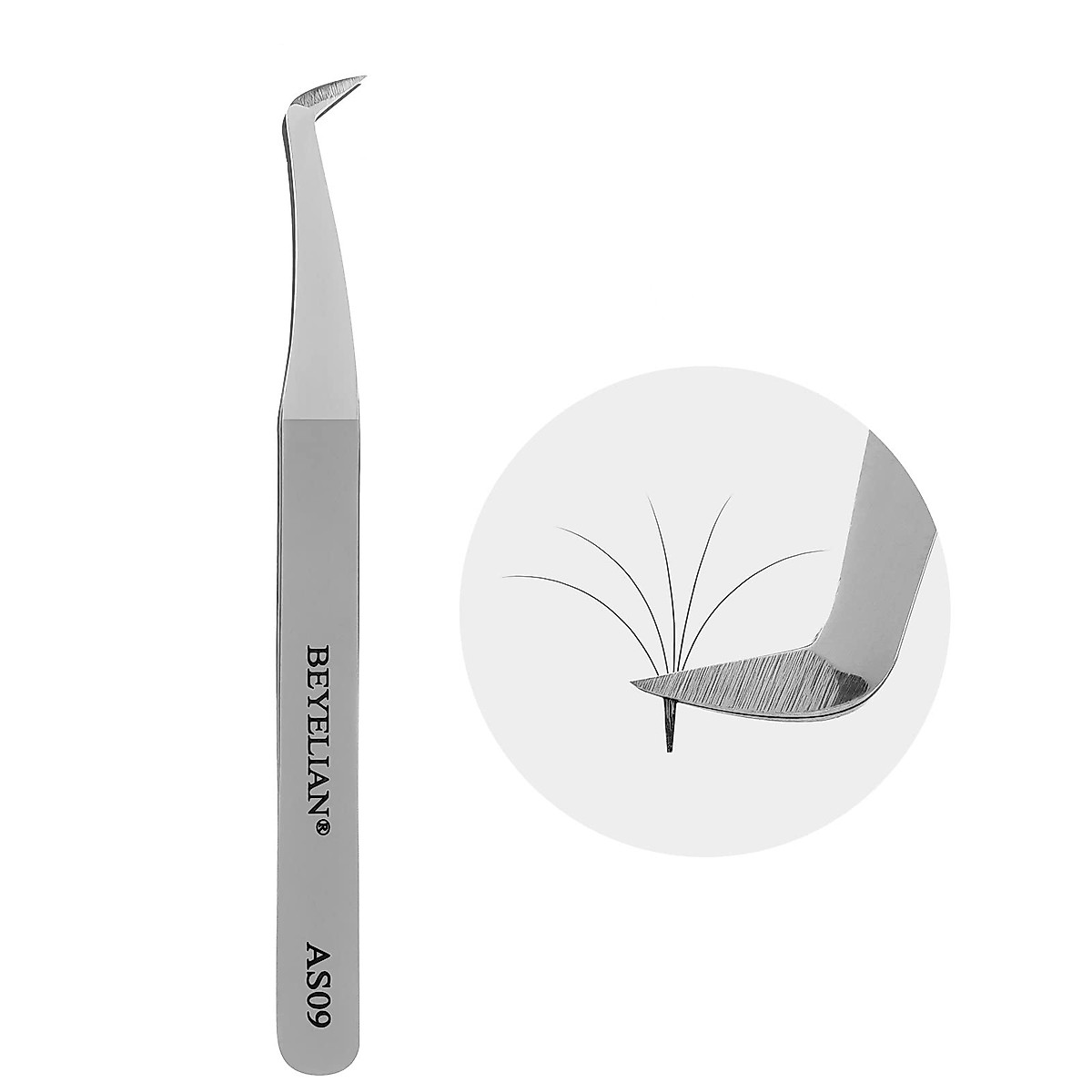 Volume Lash Tweezers Beyelian Lash Tweezers for Eyelash Extensions, Curved L High Precision Tip for Mega Fans, Stainless Steel AS09 Silver.