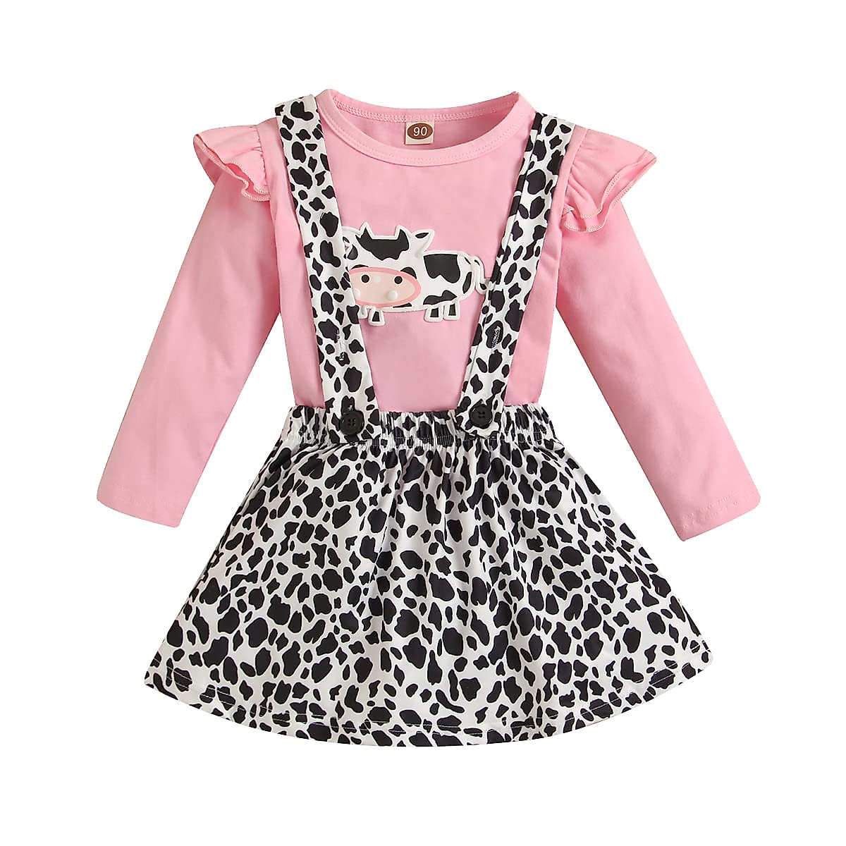 BOEBNOZCV Toddler Baby Girl Ruffled Long Sleeve Cow Print Shirts Top + Leopard Suspender Skirts Overall Dress Clothes Set (Cow Long Sleeve,2-3T)
