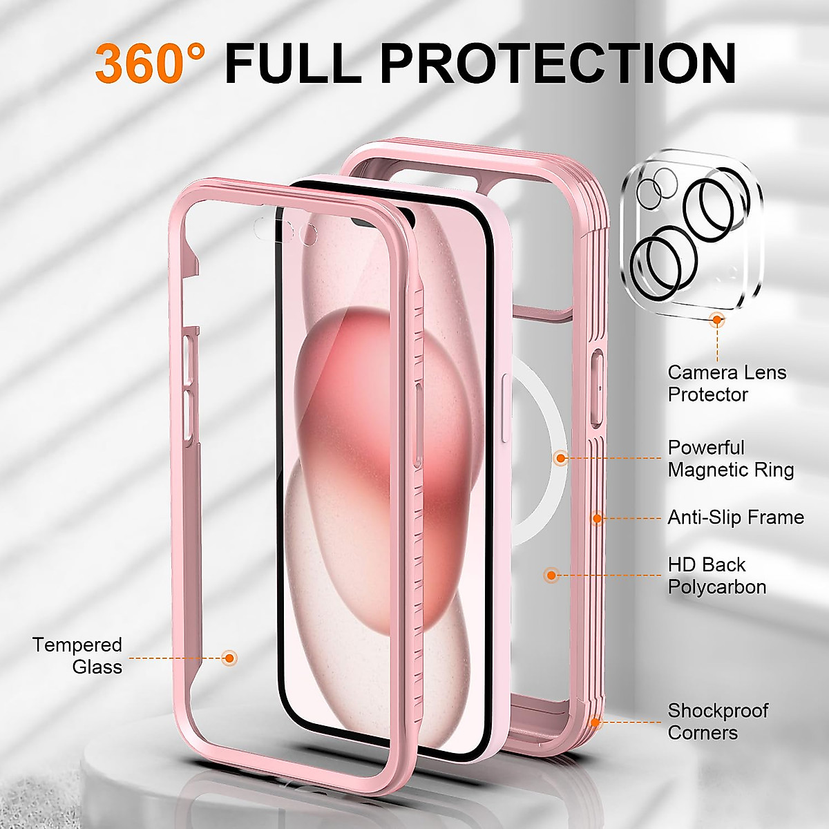Ezanmull for iPhone 15 Case [Compatible with MagSafe] [with Built-in Touch Sensitive Anti-Scratch 9H Tempered Glass Screen Protector + Camera Lens Protector] Full-Body Magnetic Case (Clear&Pink)