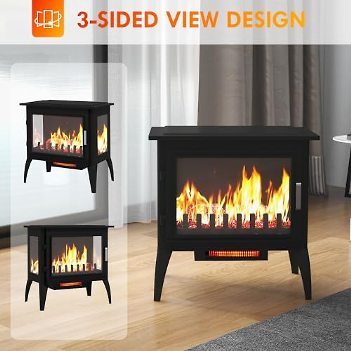 HOMCOM 24" Electric Fireplace Stove, Freestanding Fire Place Heater with Realistic Logs Flame, Adjustable Temperature, Overheat Protection, 1000W/1500W, Black