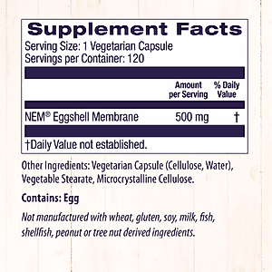 Healthy Origins Eggshell Membrane (NEM), 500 mg - Natural Collagen and Joint Support Supplement - Gluten-Free Supplement - 120 Veggie Capsules