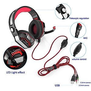 Gaming Headset with Microphone, IKOCO GM-2 3.5mm Surround Stereo Over Ear Headband Computer Gaming Headphone Noise Isolating Volume Control LED Light for PS4 PC Xbox One & Mobile Phone (Red)