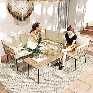 DWVO Patio Furniture Set, 4 Pieces Outdoor Patio Conversation Set, All-Weather PE Rattan Sectional L-Shaped Sofa with Soft Cushion and Side Table for Backyard, Porch, Boho Detachable Lounger (Beige)