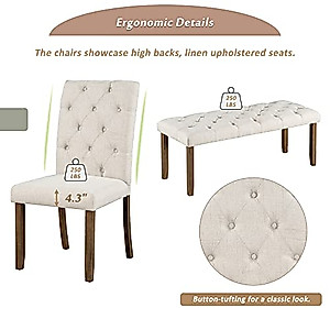 Goohome 6-Piece Farmhouse Kitchen Dining Set, Mid-Century Wood Rectangular Table, 4 Flannelette Upholstered Chairs and Bench Family Furniture, for Home, Apartment, Walnut