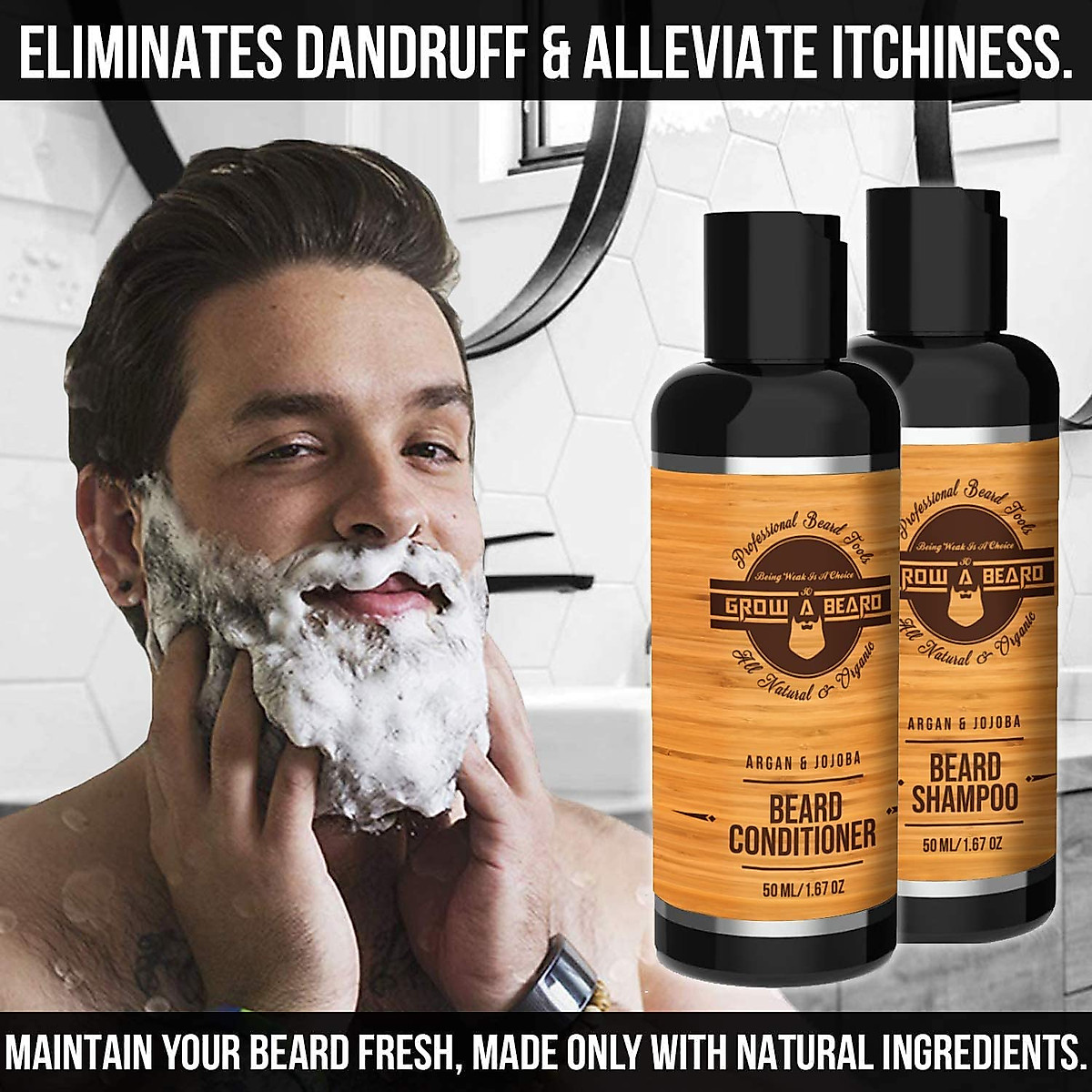 Beard Straightener Grooming Kit for Men, Beard Growth Kit, Beard Wash, Brush & Comb, Unscented Growth Oil, All Natural Chanel Balm, Conditioner, Razor & Scissors, Great Gift Idea for Men's (Bamboo)