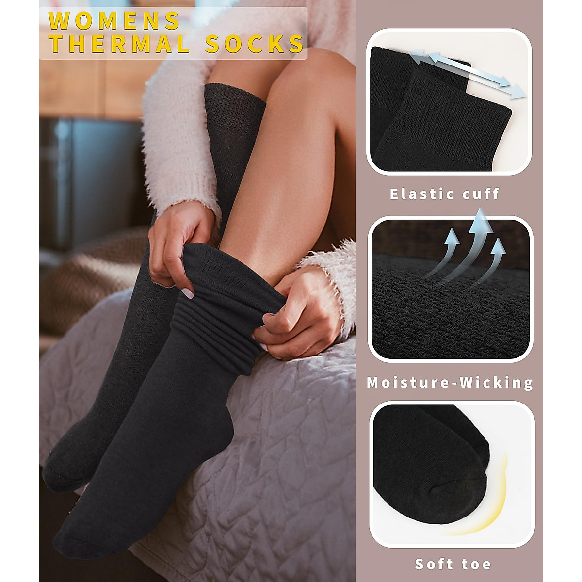 Aoliks Black Warm Socks for Women,Thermal Knee High Socks Cotton Long Socks for Running Hiking Skiing Gifts