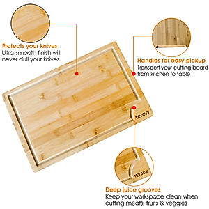 TEVBUV Large Bamboo Cutting Board – 18 x 12-inch Chopping Board with Juice Groove for Meat, Vegetables, Fruits, Cheese – Multipurpose Wooden Cutting Board, Serving Tray, Charcuterie Board with Handle