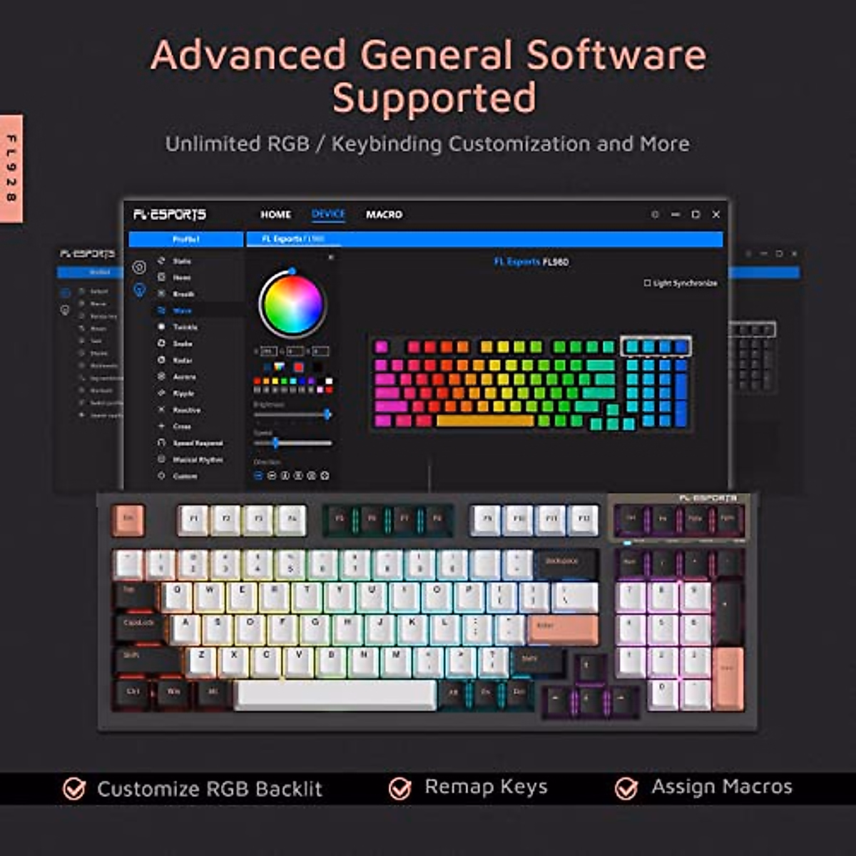 FL ESPORTS FL980 96% 1800 Layout Wired Mechanical Keyboard, 98 Keys RGB Hot Swappable Programmable Gaming Keyboard w/Light Tactile Kailh Box White Switches, Durable PBT Keycaps, (Olivia)