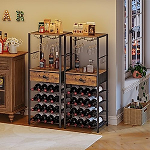 HOOBRO Wine Rack Freestanding Floor, 16-Bottle Wine Storage Rack with Non-Woven Fabric Drawer and Hooks, Wine Rack Table, Bar Cabinet for Kitchen, Dining Room, Bar, Rustic Brown and Black BF10JJ01