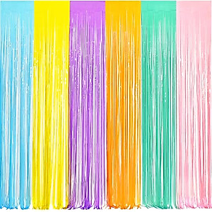 BRAVESHINE Glitter Tinsel Foil Fringe Curtains - 2Pcs 3.2x8.2ft Pastel Rainbow Photo Backdrop for Sweet Birthday Baby Shower Unicorn Mermaid Kids Candy Donut Ice Cream Easter Bunny Party Decorations