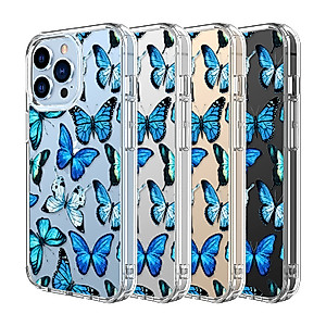 LUHOURI Designed for iPhone 13 Pro Max Case with Screen Protector - Crystal Acrylic Clear for Women and Girls - Slim Fit Protective Phone Cover 6.7" - Floral Blue Butterflies