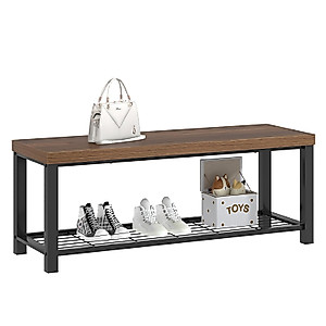 FOLUBAN Shoe Bench, Modern Wood and Metal Storage Bench for Entryway Hallway, Industrial Indoor Bedroom Bench Seat for Living Room, Mudroom, Rustic Walnut, 47 Inch