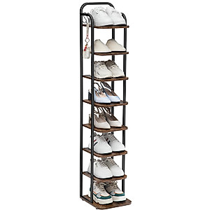Hzuaneri Vertical Shoe Rack, Shoe Shelves, Wood Shoe Organizer for Closet, Entryway, Shoe Tower for Small Spaces, Free Standing, Adjustable, with 2 Hooks, 8 Tier Rustic Brown SR04301B
