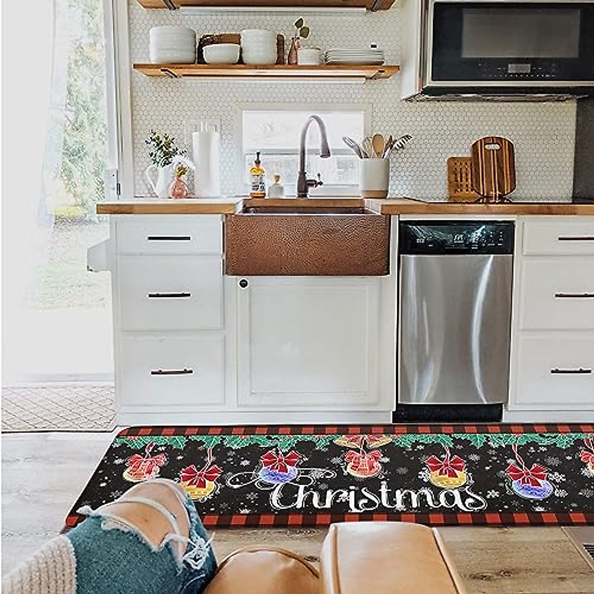 Libaoge Kitchen Mat Rug 1 PCS Christmas Balls Red and Black Buffalo Plaid Runner Rug Anti-Fatigue Comfort Memory Foam Standing Mat Non-Slip Floor Door Mat for Bathroom Bedroom 16x47in