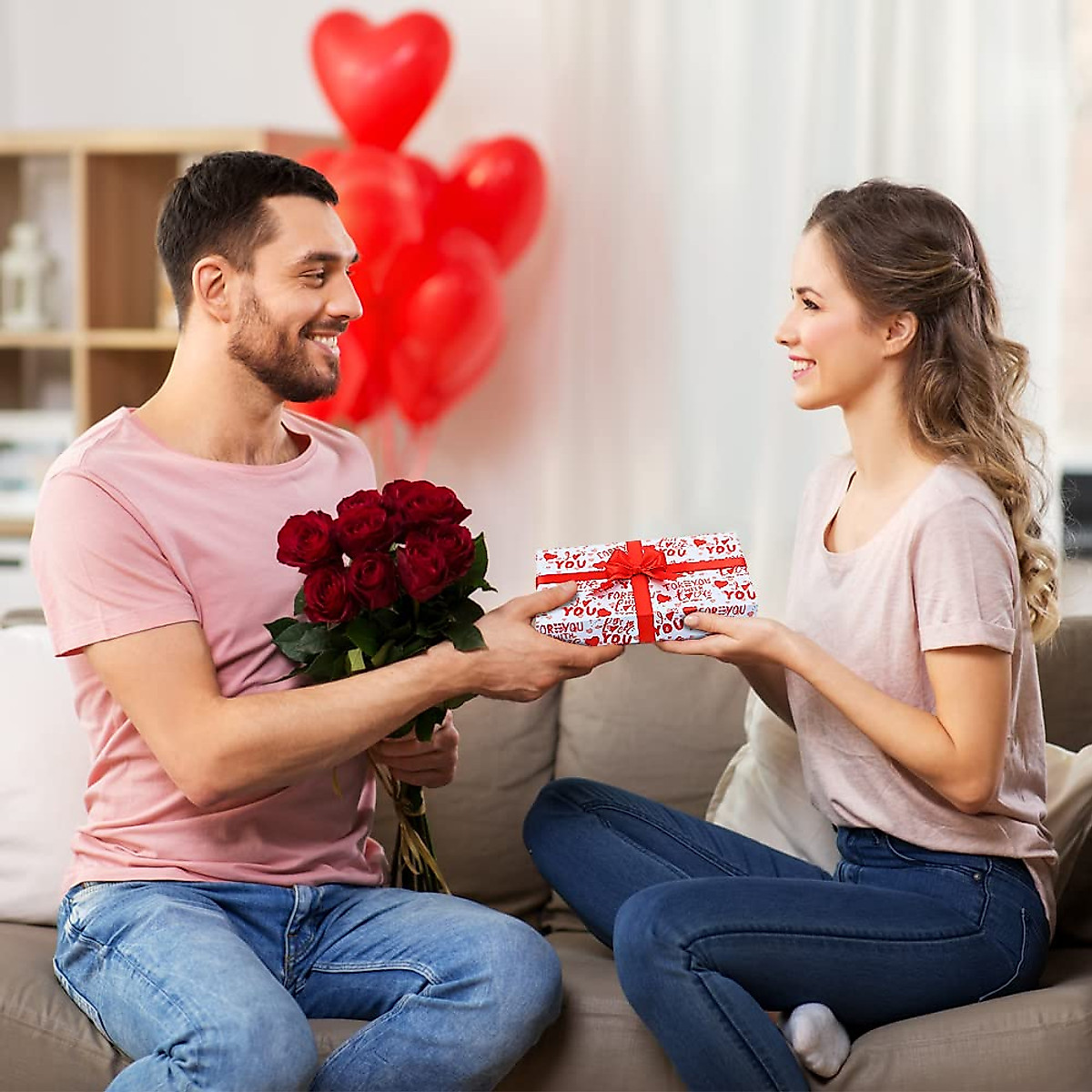 Valentine's Day Gift Wrap Paper,7 Sheets 7 Design Red White Pink Heart Wrapping Paper Set,Funny Love Wrapping Paper With 3-Color Ribbon For Adult Men Women Mothers Fathers Day Birthday Holiday Wedding