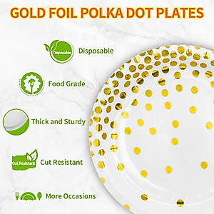 DYLIVeS White and Gold Paper Plates, 7 inch Metallic Foil Polka Dots Disposable Dessert Party Plates Cocktail Party Supplies Plates for Birthday, Bridal Shower, Easter, Graduation Party, 50 Pack