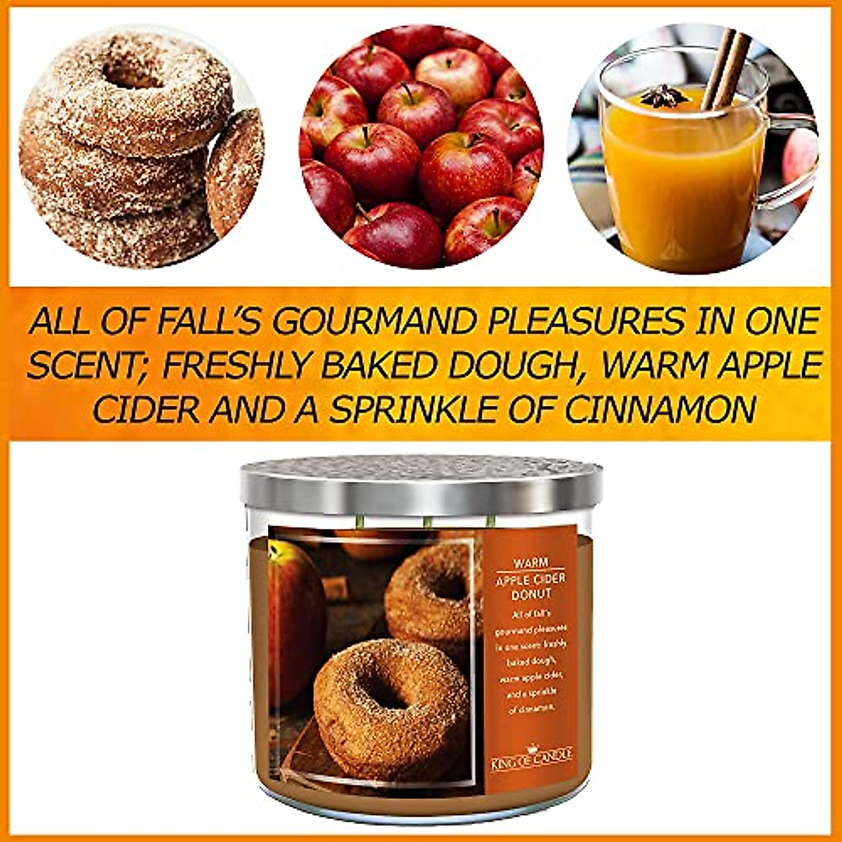 Warm Apple Cider Donut + Cinnamon Sugar | Large 3 Wick Highly Scented Soy Wax Scented Fall Candles | Fall Home Decor | USA Made 14 oz + Decorative Snuffer Lid | Candles for Men Gifts for Women