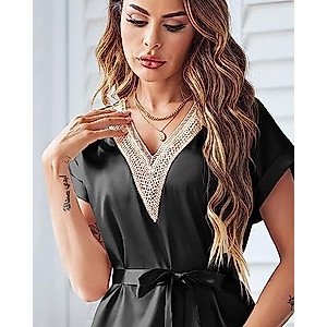Ekouaer Women Satin Nightgown Short Sleeves Sleepwear Silk Chemise Sexy Lace Neck Pajamas Dres Black Large
