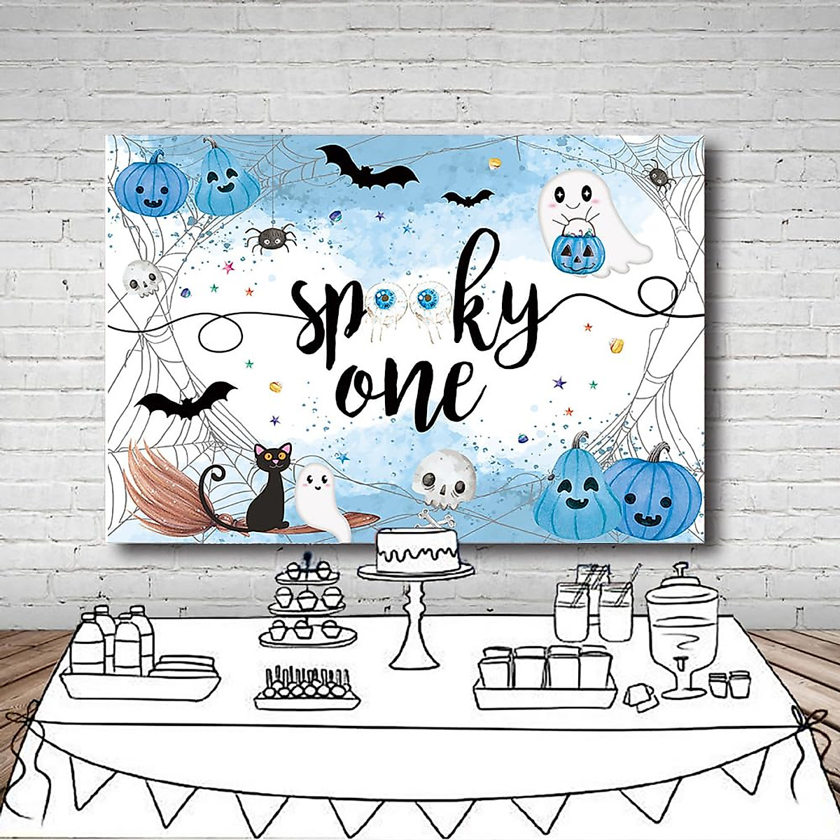 MEHOFOND 7x5ft Halloween Spooky One Backdrop Blue Watercolor Little Boo Baby Shower Photography Background for Boys Bat Spider Web Blue Pumpkin Skull Ghost Photo Shoot Props