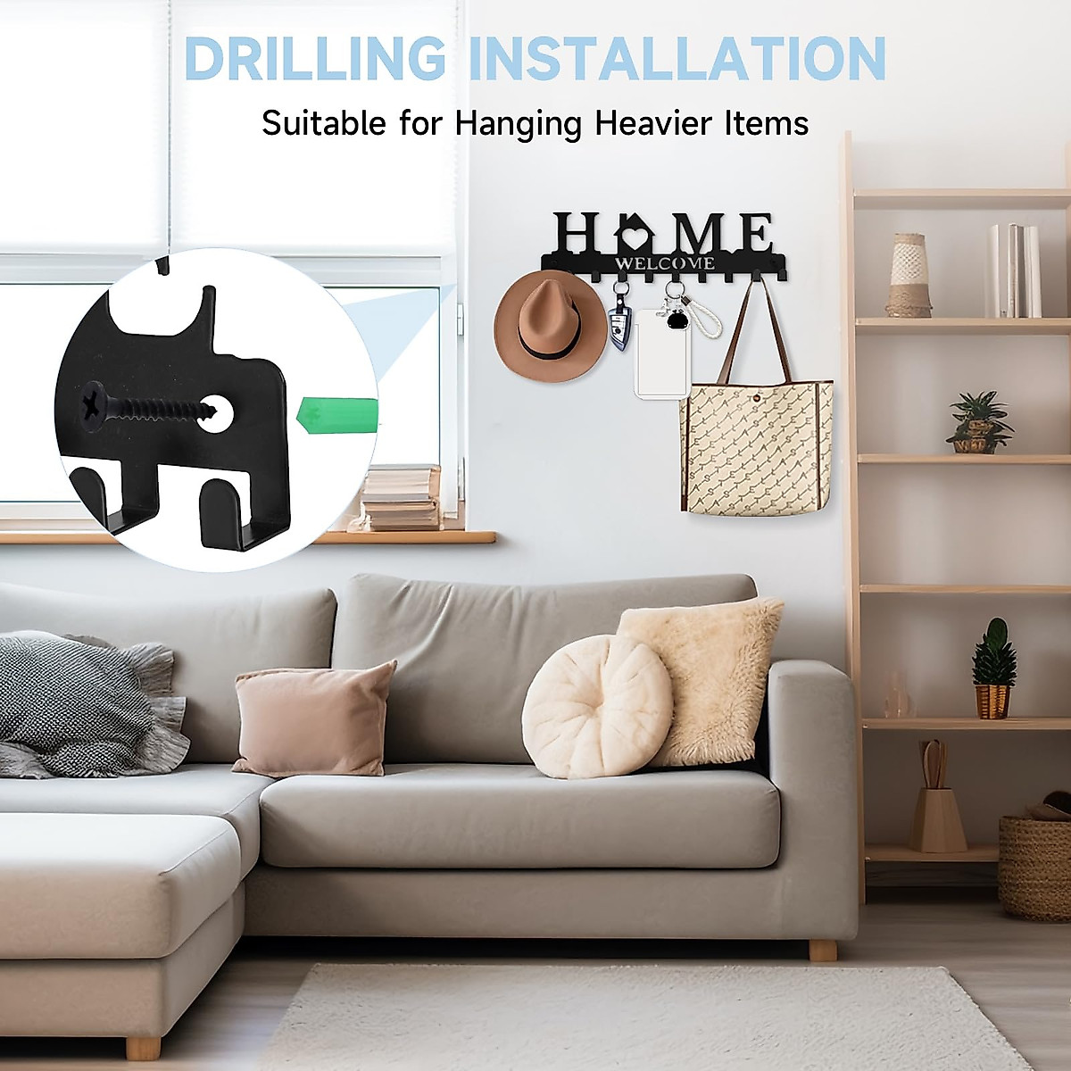 HOMEBROS Key Holder Wall Mount, Black Metal Key Hanger Adhesive Key Rack Organizer with 10 Key Hooks Wall Decorative for Entryway Doorway Hallway Garage 2 Installation Methods