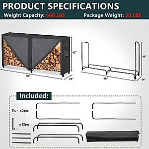 lafuria 8ft Firewood Log Rack with Cover Combo Set Outdoor Heavy Duty Storage Log Holder Wood Stacker Black