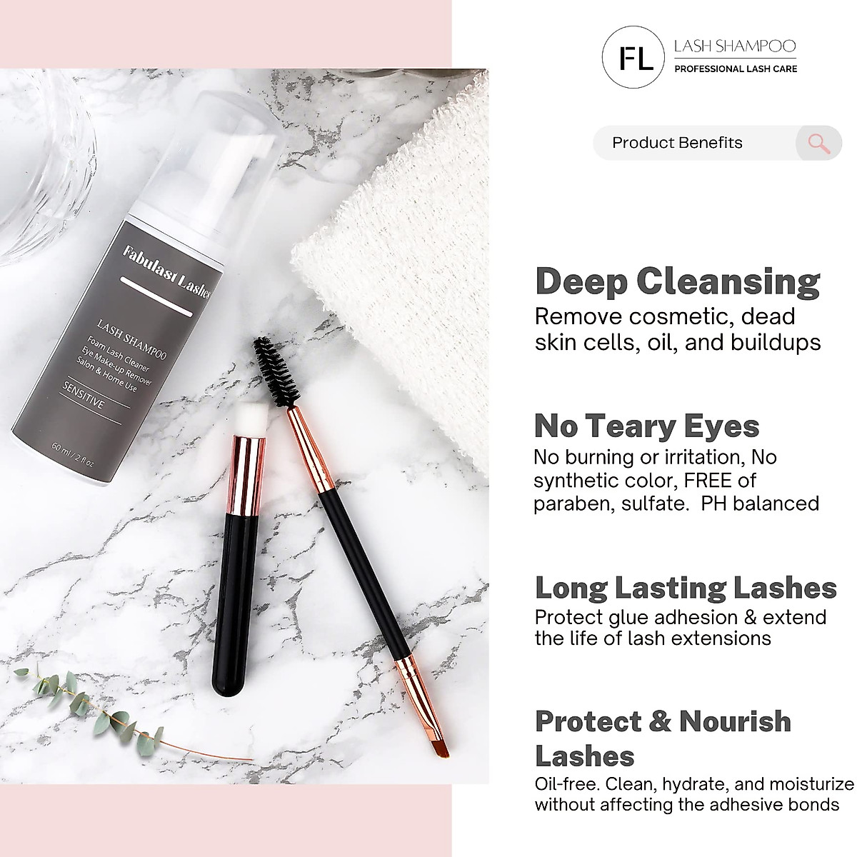 Lash Shampoo for Lash Extensions Kit - Sensitive Eyelash Cleanser for Extensions - Foaming Lash Bath for Natural/Eyelash Extensions - Paraben & Sulfate & Oil Free - Salon and Home Use (60ml 2 Fl Oz)