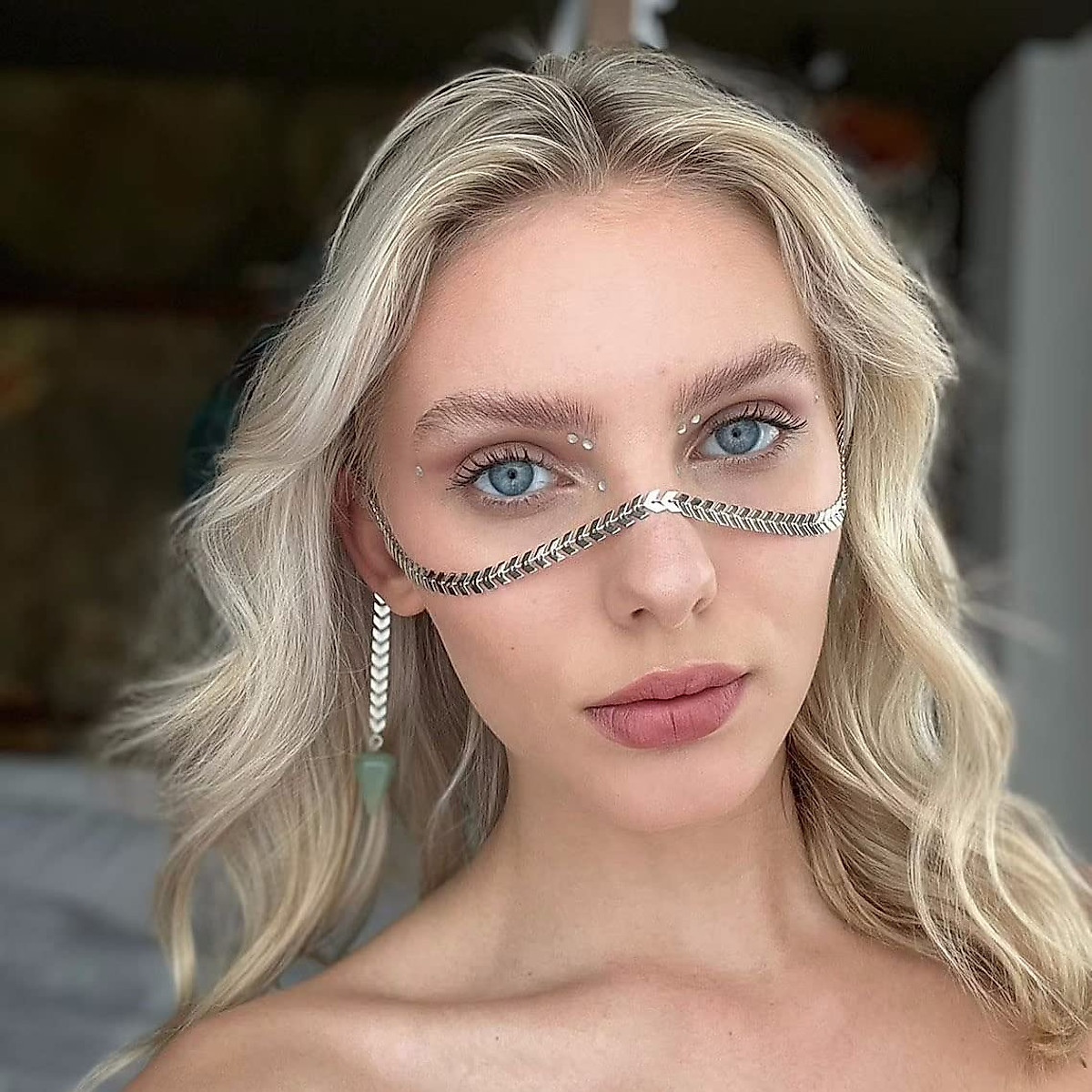 FMR Silver Fish Bone Face Chain Crystal Pendant Necklace Delicate Nose Accessories Face Jewelry for Women and Teens