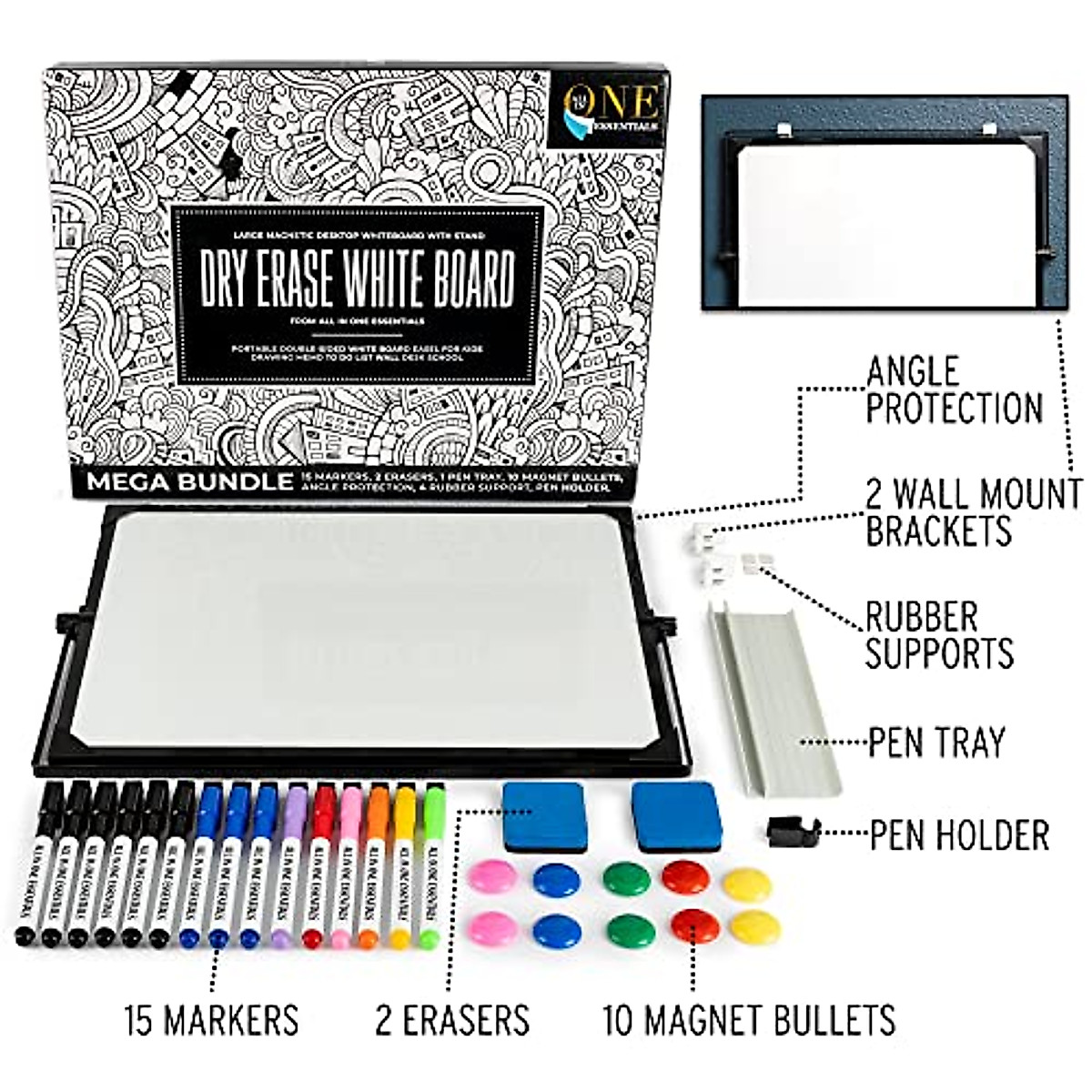 Double Sided Dry Erase Board with Stand - 16 X 12 Inch Desktop Whiteboard Comes with 15 Magnetic Markers, 10 Magnets, 2 Magnetic Erasers, Corner Protectors, Rubber Supports & More, Premium Black Frame