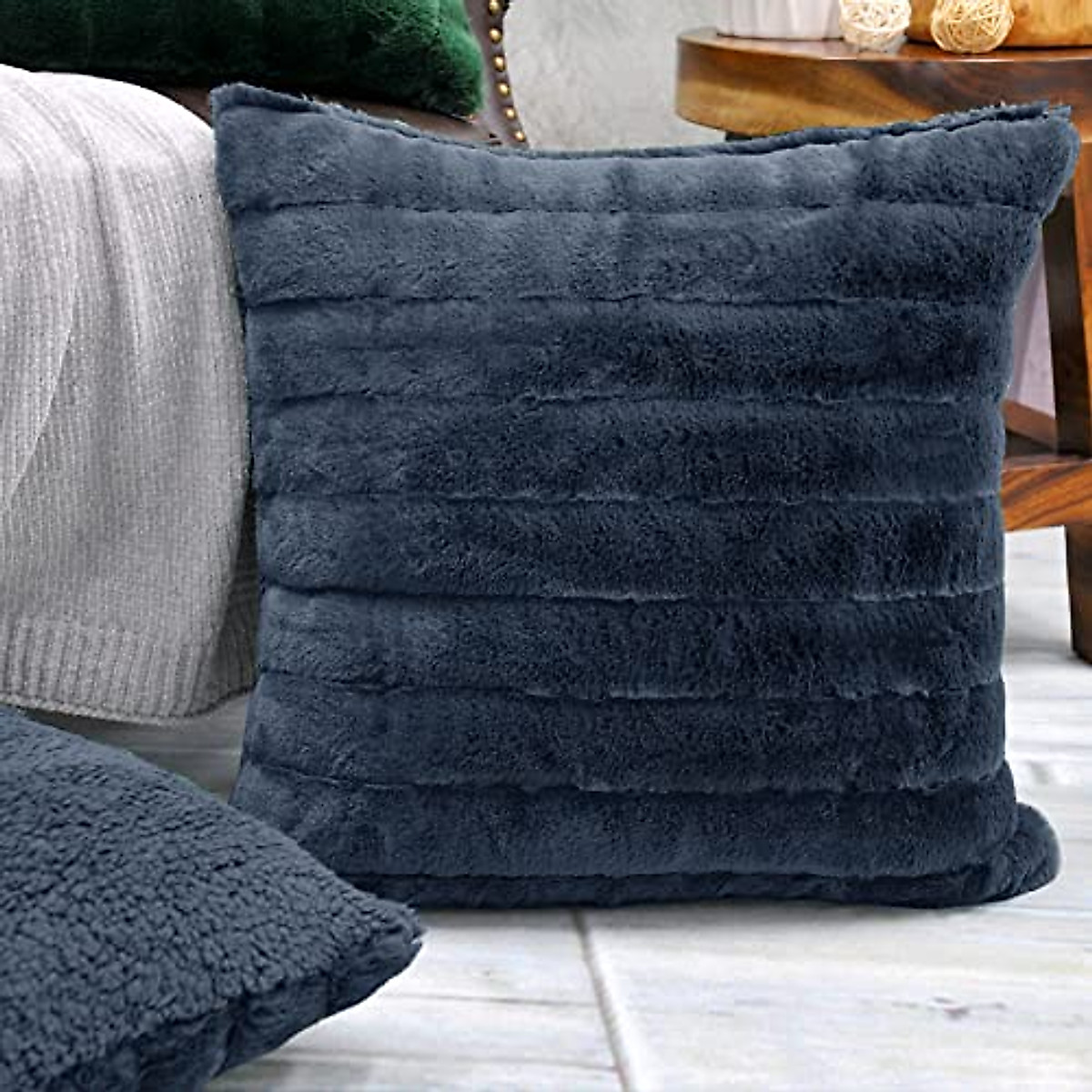 Home Soft Things Dark Blue Super Mink Solid Color Throw Pillow Shell with Sherpa Backing Cushion Cover 4 Piece Set, 20" x 20", Parisain Night