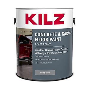 KILZ 1-Part Epoxy Acrylic Concrete and Garage Floor Paint, Interior/Exterior, Satin, Slate Gray, 1 Gallon