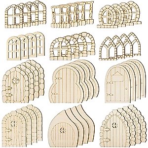 Yulejo 48 Pcs Fairy Door Wooden Garden Doors Craft Mini Window Fairy House DIY Kit Unfinished Miniature Door Unpainted Fairy Window Accessories for Wall Home Party Decoration (Antique Style)