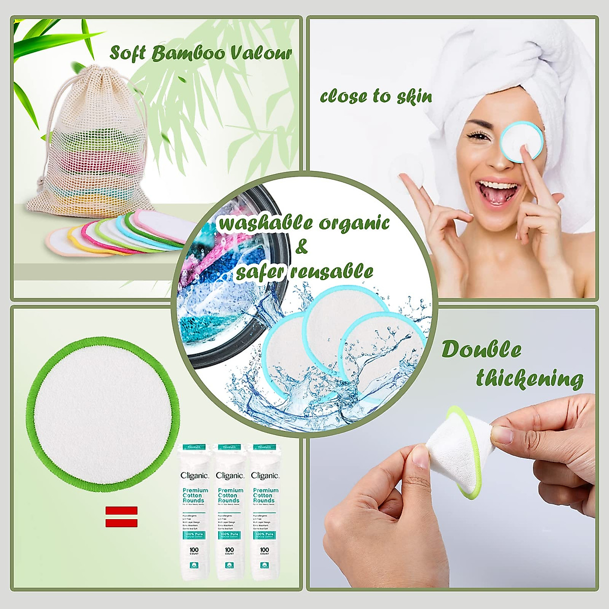 XSEINO Reusable Makeup Remover Pads(40 Pack) with Washable Natural Bamboo Fiber Material,Natural Bamboo Cotton Pad,for All Skin Types