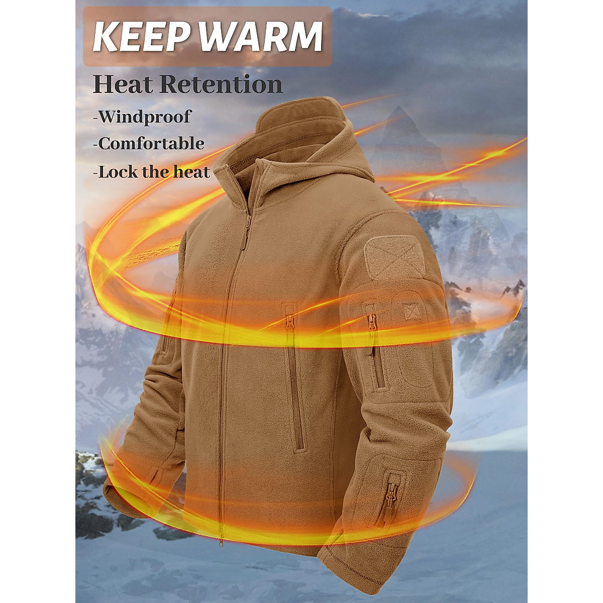 TACVASEN Tactical Hoodies for Men Windproof Fleece Hoodies Zip Up Mens Jacket Winter Warm Hoodie Hunting Brown