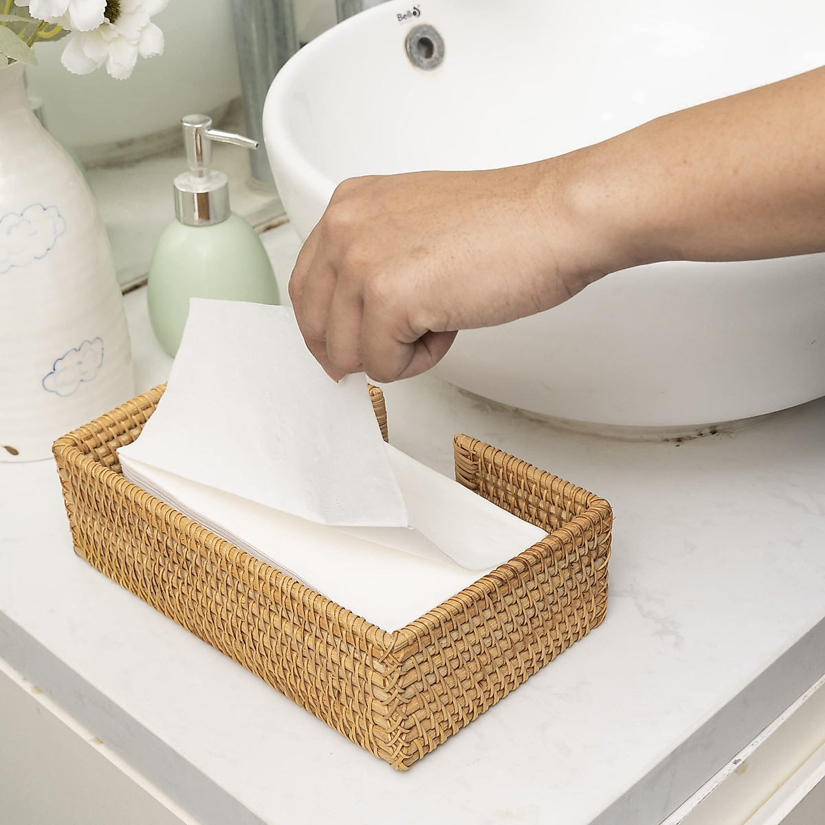 Wicker Guest Towel Holder Tray for Bathroom Rattan Rectangle Toilet Tank Trays Counter Paper Hand Towels Storage Napkin Caddy Kitchen Dressers Countertop Bath Decorative KOLSTRAW (Set 1, Honey Brown)